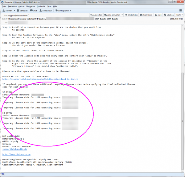 Receive the firmware license code | DHD Toolbox Documentation